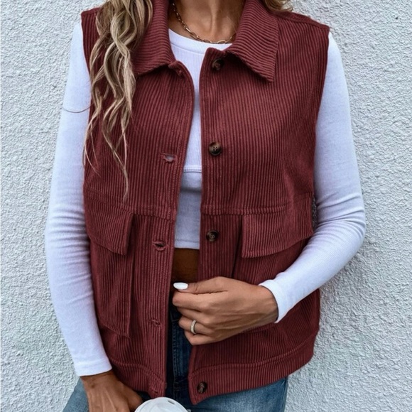 SHEIN | Jackets & Coats | Shein Maroon Flap Pocket Corduroy Vest Jacket ...